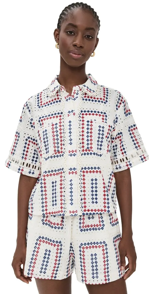 トップス house on the hill L/S Tee (Checker) 90 Hill House Home Annette Top In Geo Eyelet/Red White Blue - 30% Off